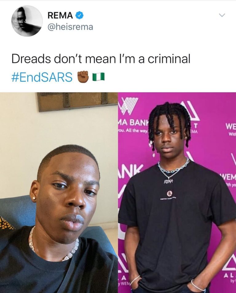 Singer, Rema cuts off his dreads as he joins #endsars protest