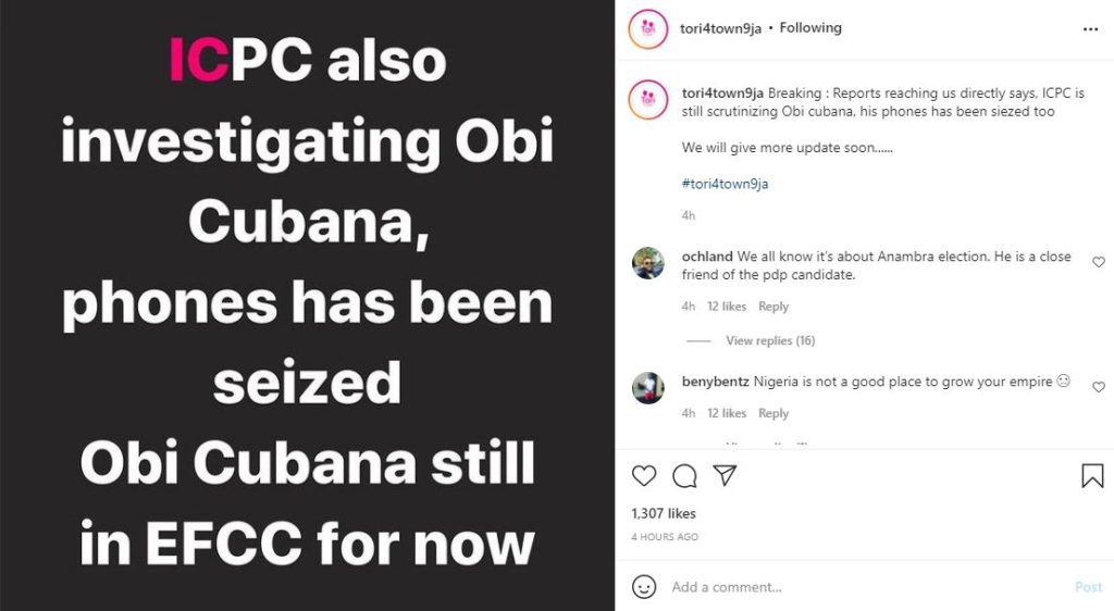 ICPC reportedly involved in Obi Cubana's case, phones seized