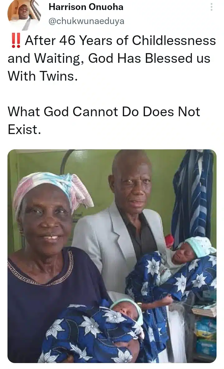 Elderly couple welcome twins after 46 years of childlessness