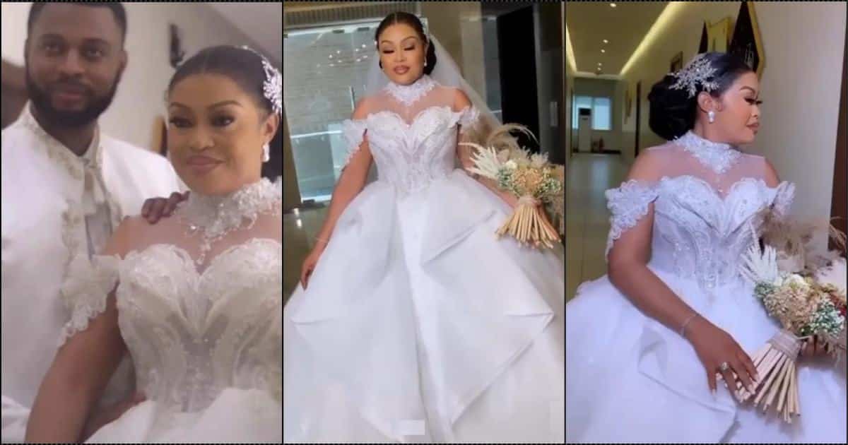 Nkiru Sylvanus steps out elegantly at her white wedding (Video)