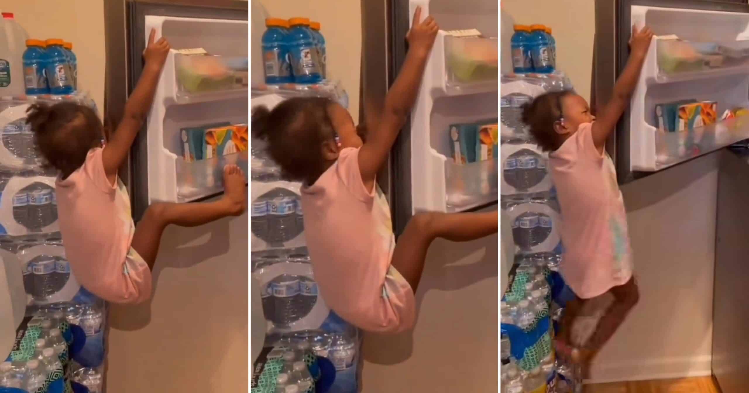 Scary moment a girl climbed fridge to steal snacks and got stuck