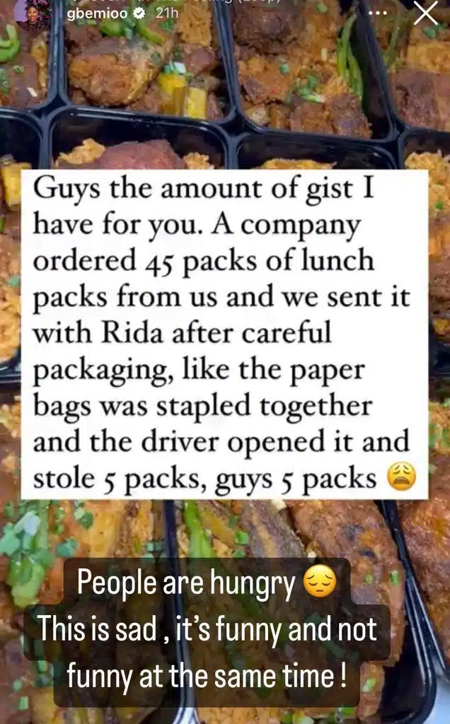 Gbemi reacts after dispatch rider stole 5 packs of food