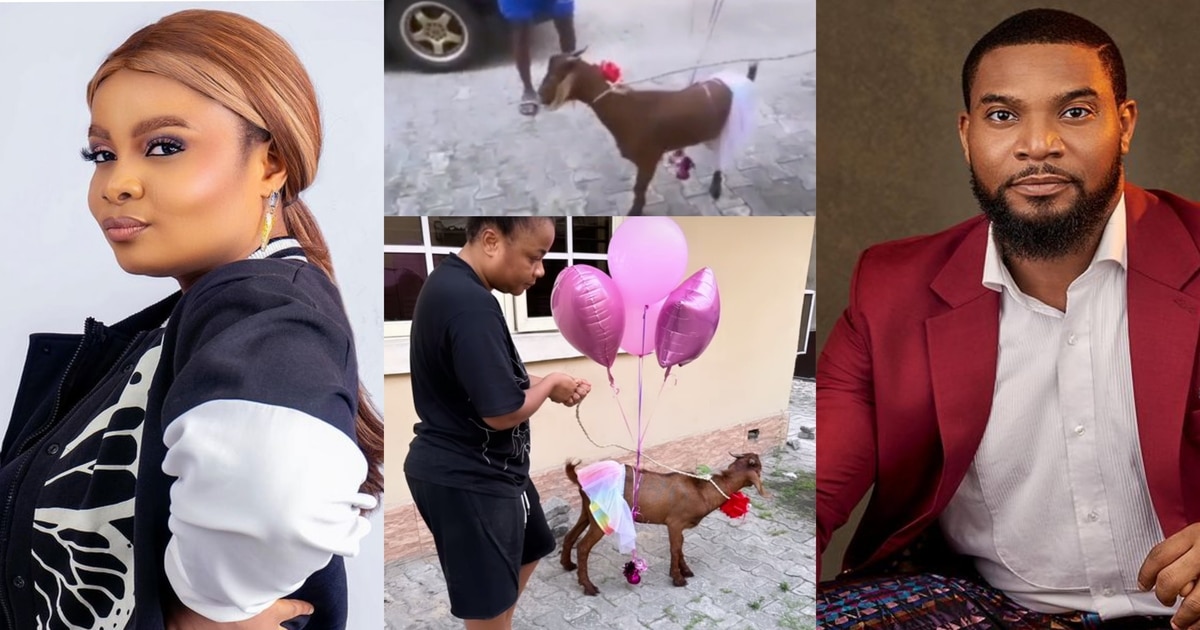 Bimbo Ademoye baffled as Kunle Remi gifts her goat on birthday