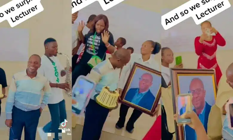 Students make lecturer emotional as they surprise him with birthday cake, songs, in class (Video)