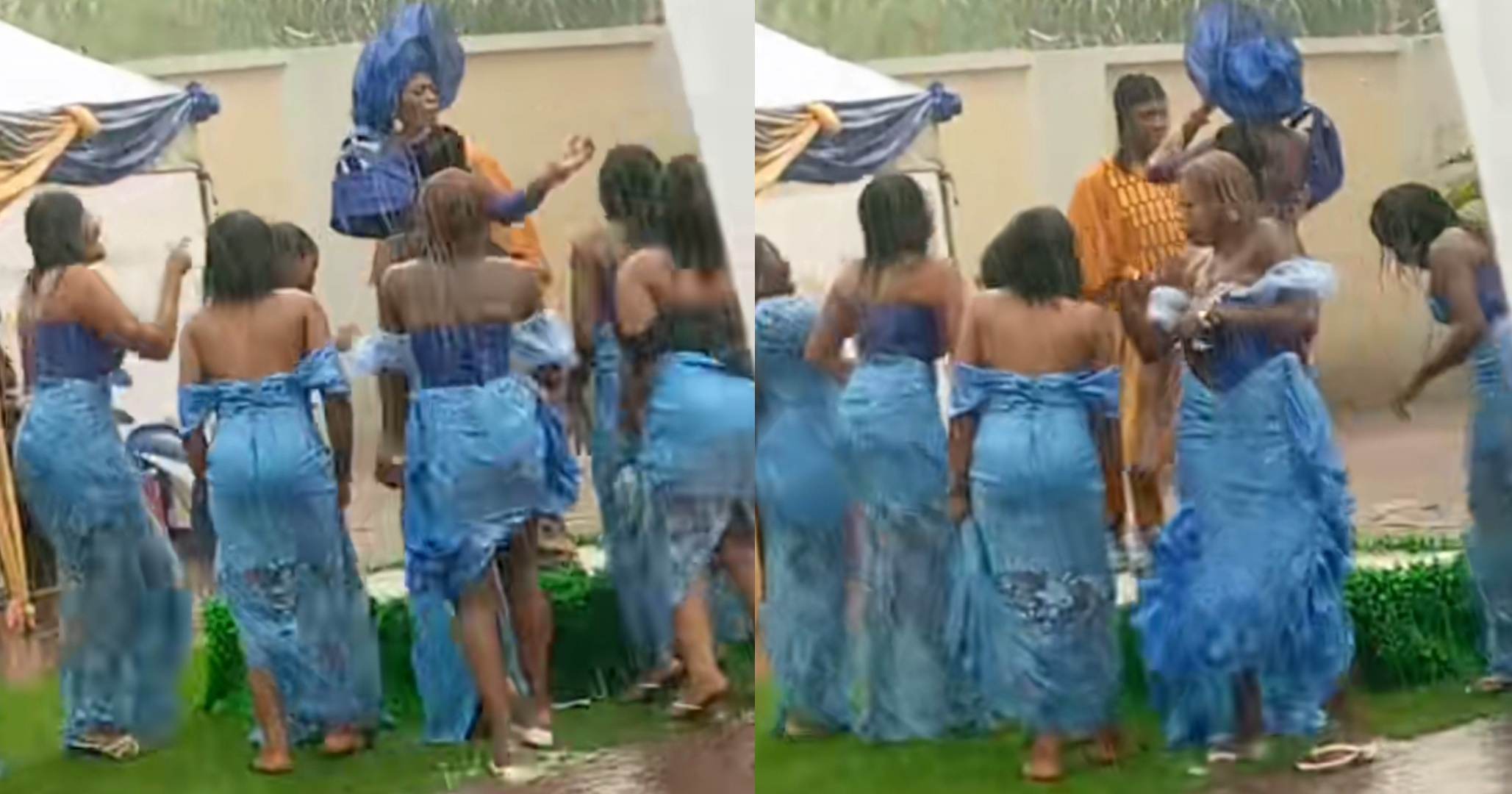 "Pure love" – Reactions as Aso-ebi girls join couple to dance in the rain during traditional ...