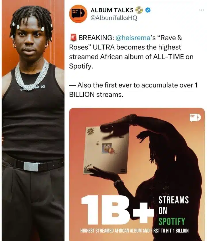 Rema's album, Rave and Roses, becomes most streamed on Spotify