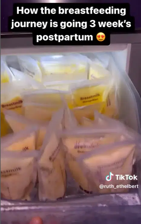 Lady shows off amount of breast milk produced after 3 weeks of birth