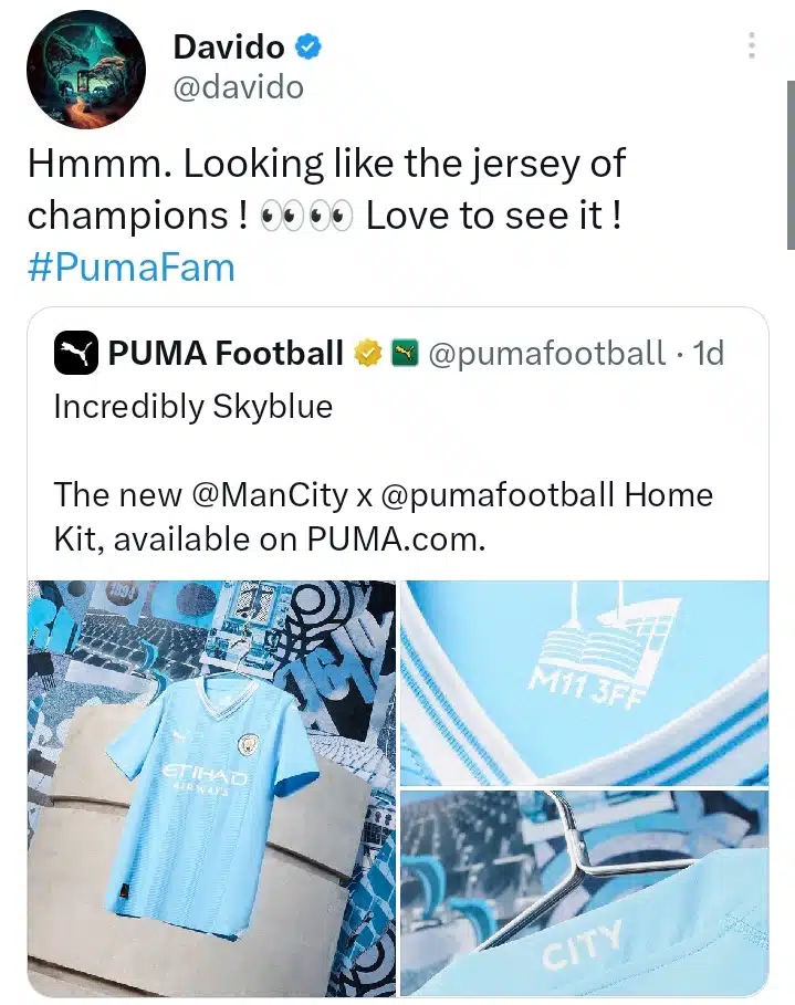 PUMA sends its private jet to fly Davido to England for Manchester City ...