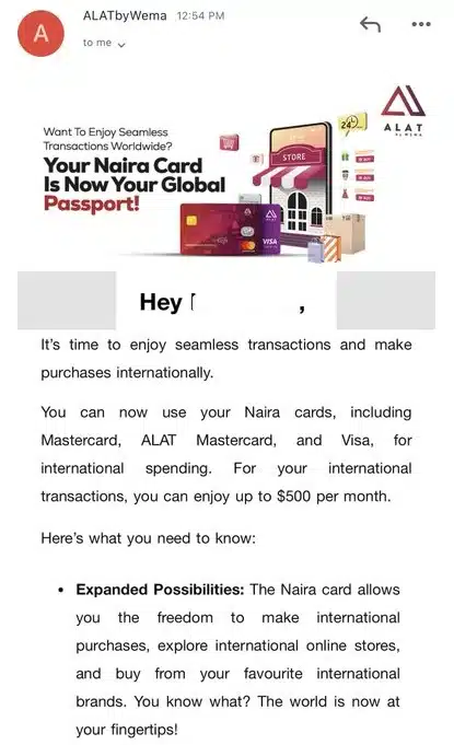 Wema bank lifts ban on international transactions on Naira card