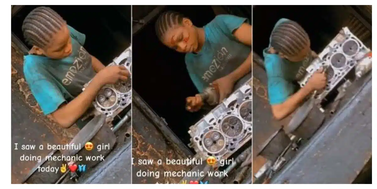 Beautiful Nigerian girl seen fixing engine at mechanic workshop (Video)
