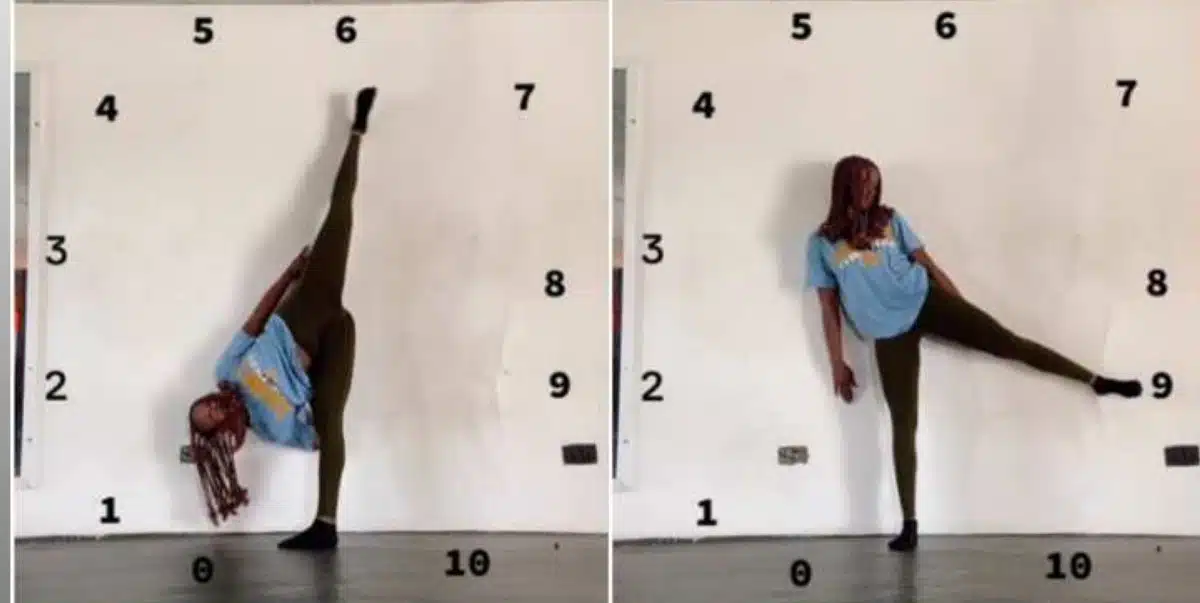 Young lady uses legs to mimic clock hands, goes through all the numbers ...