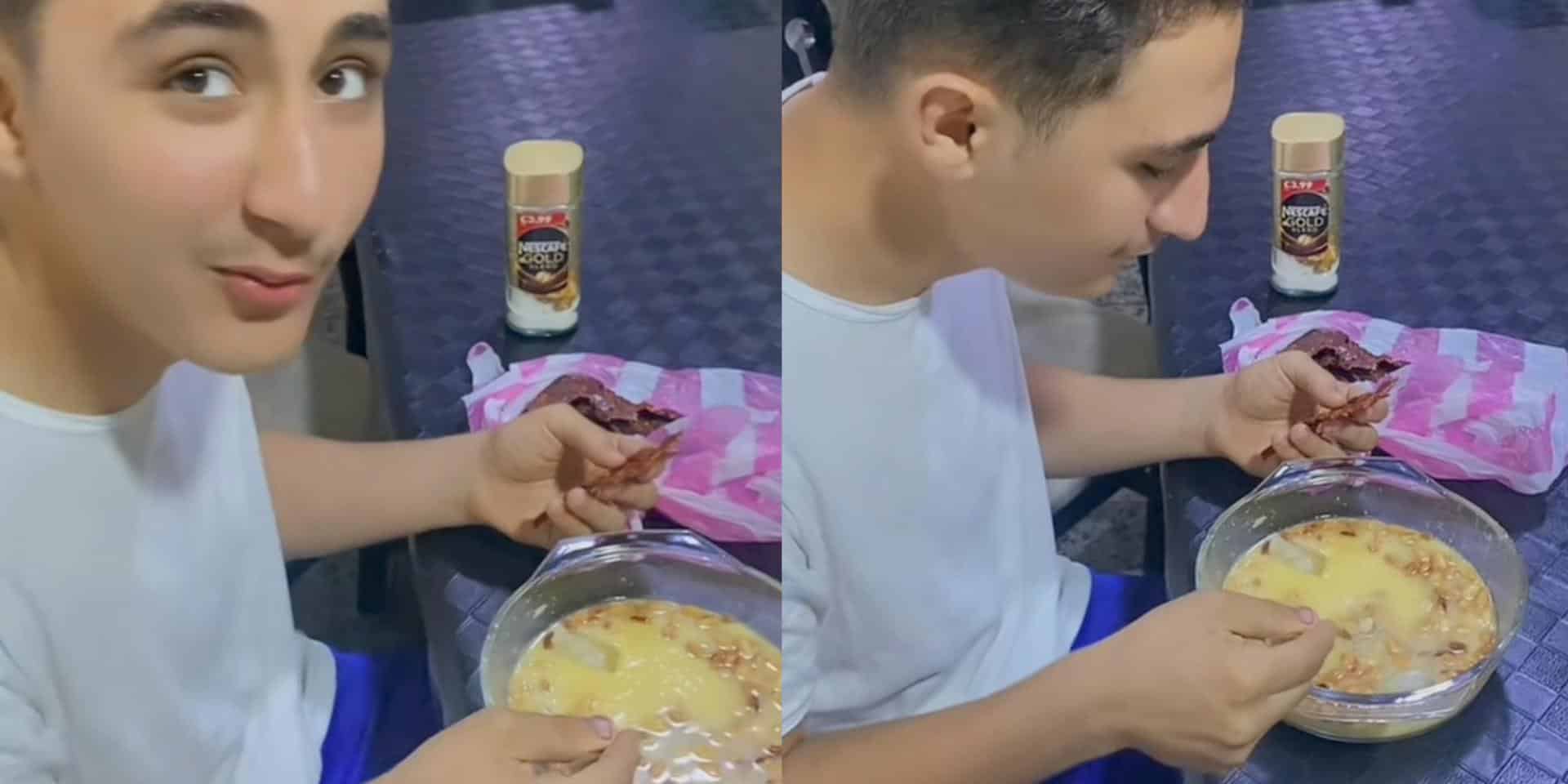 "Economy don tough" – Reactions as caucasian man is seen soaking garri ...