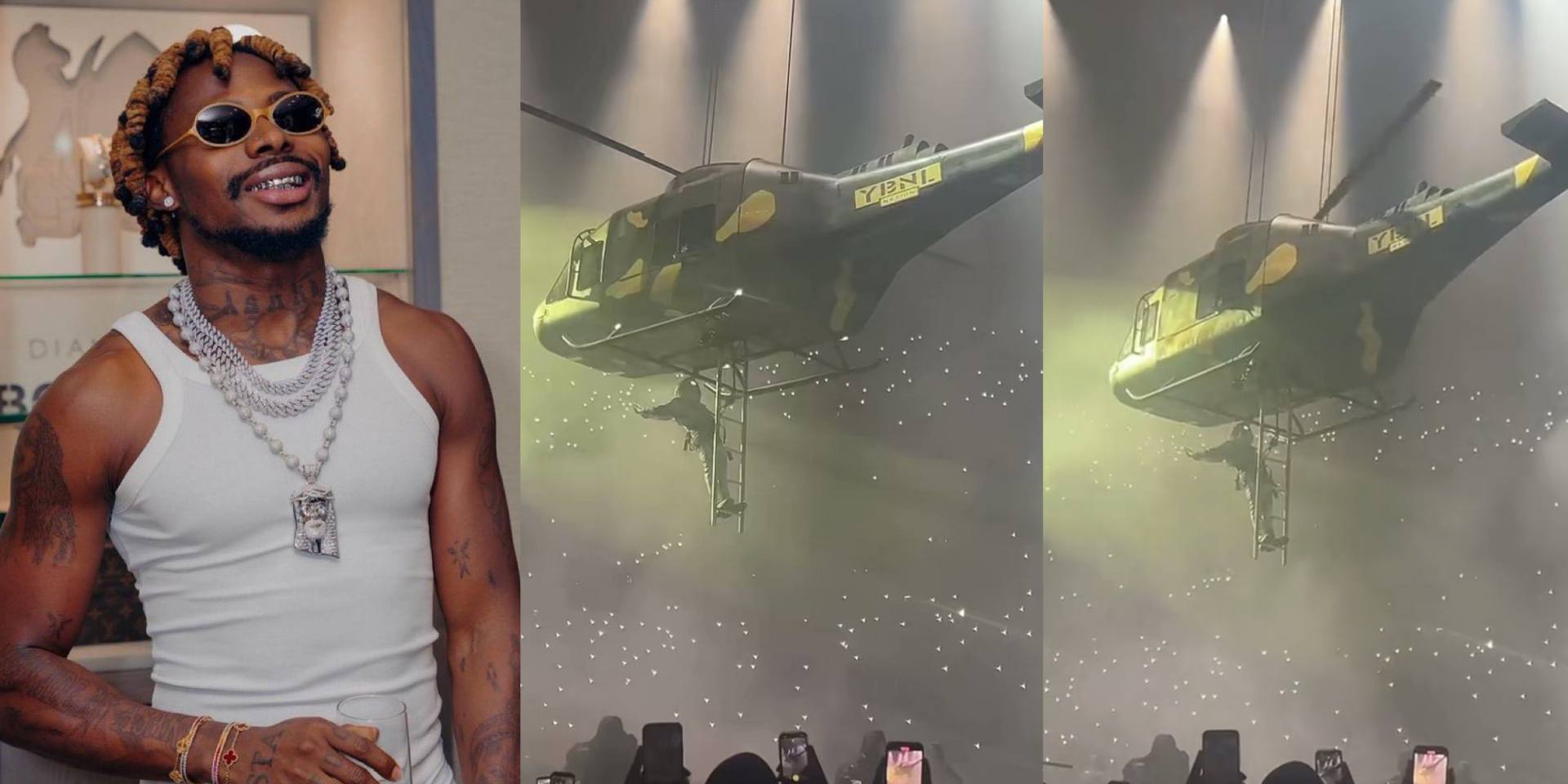 Watch moment Asake makes grand entrance on helicopter to his show at O2 ...