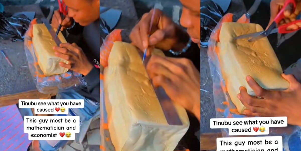 Man uses ruler and pen to measure bread, cuts it into 3 parts