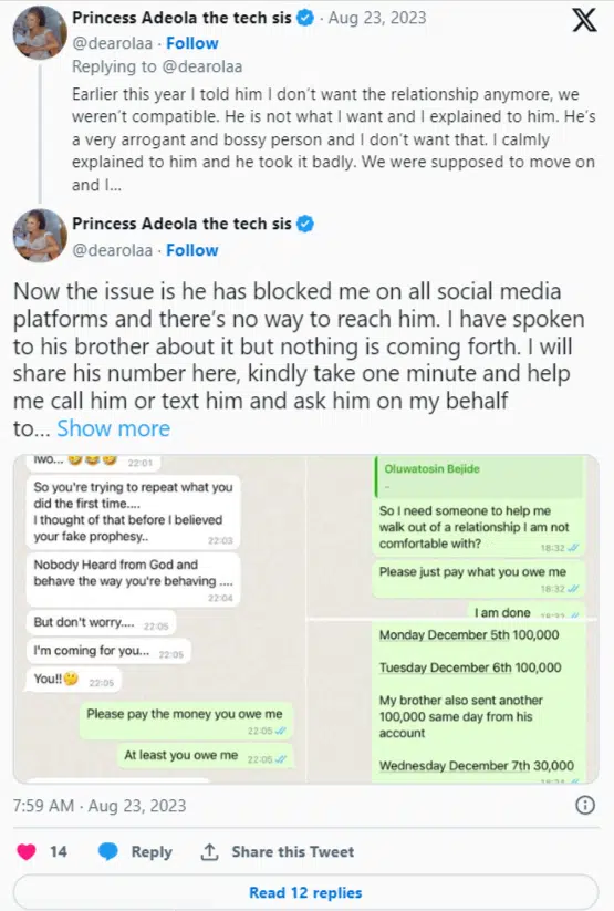 Lady calls out ex-boyfriend for blocking her everywhere after lending ...