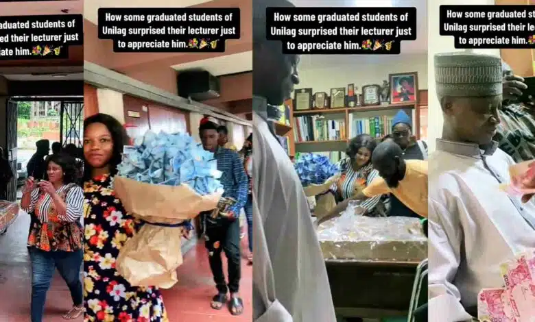 Graduated UNILAG students storm their lecturer's office with surprise gifts just to appreciate ...