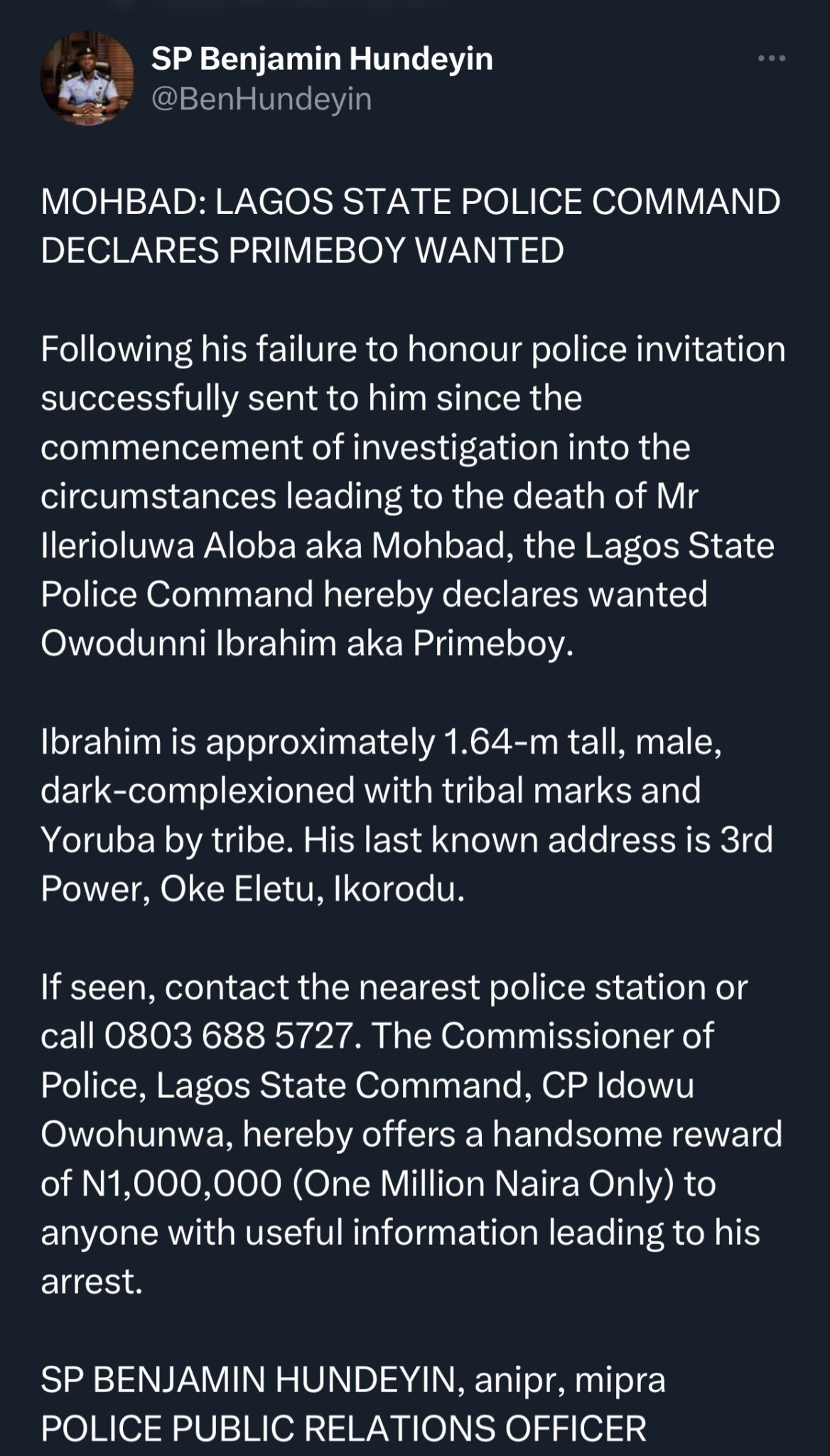 Mohbad: Prime Boy declared wanted by the Lagos State Police Command