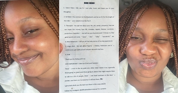 Lady displays surprising paper menu a bolt driver gave her