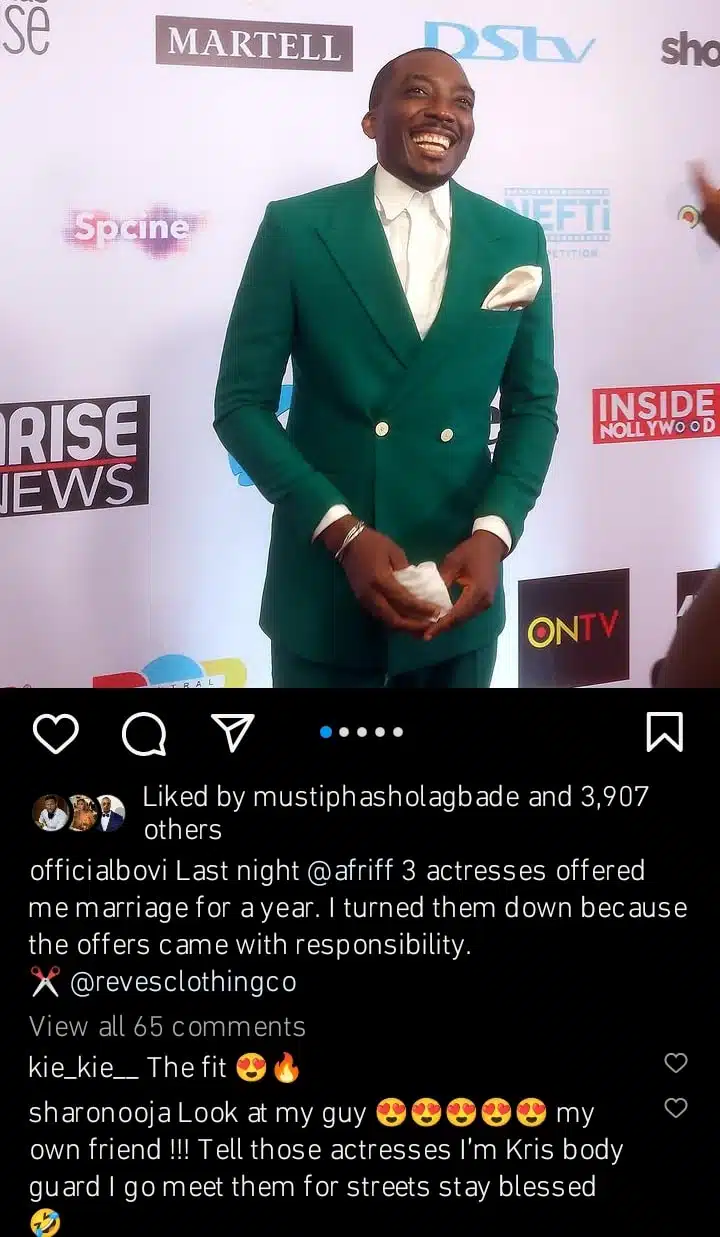 "Why I turned down marriage proposal from 3 actresses" - Bovi