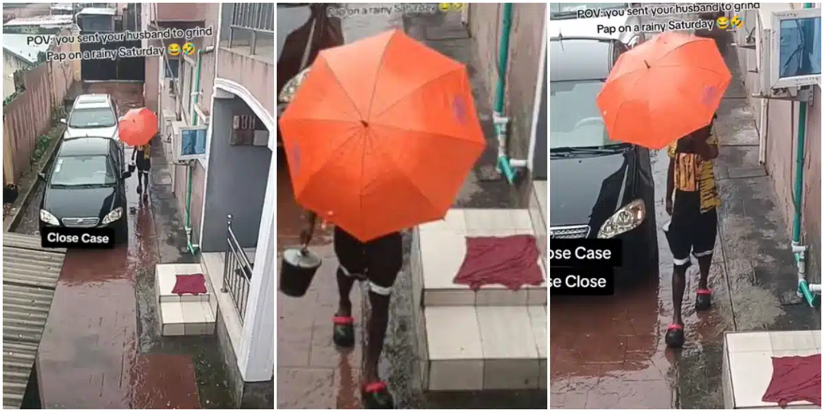 Lady stuns many as she sends out her husband to grind pap in heavy rain