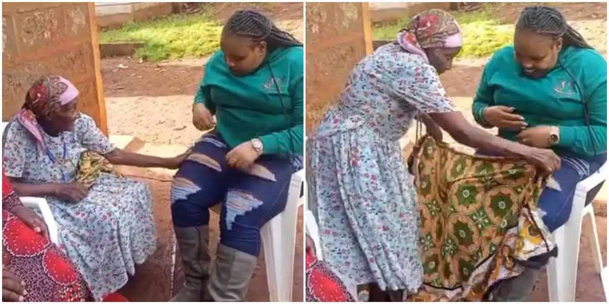 Photos of elderly woman covering lady's ripped jeans with wrapper cause ...
