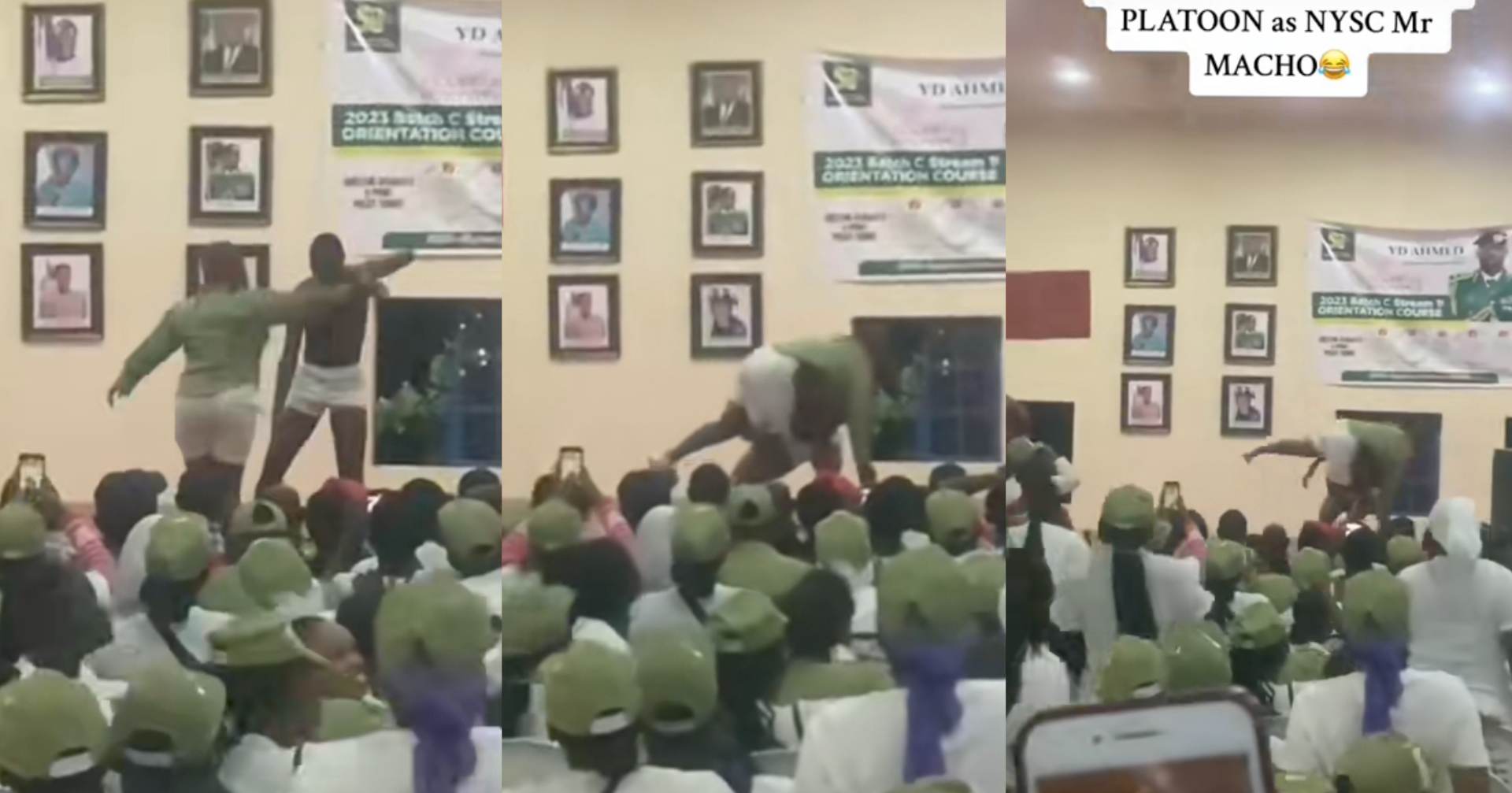 "E wan do pass himself" – Hilarious moment NYSC Mr Macho falls while trying to lift colleague
