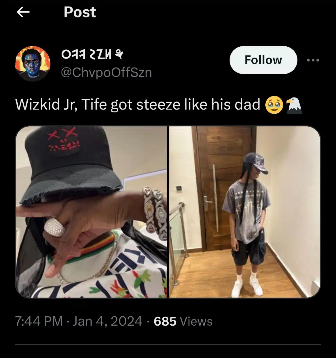 Wizkid's first son, Boluwatife flaunts diamond ring, hand chain