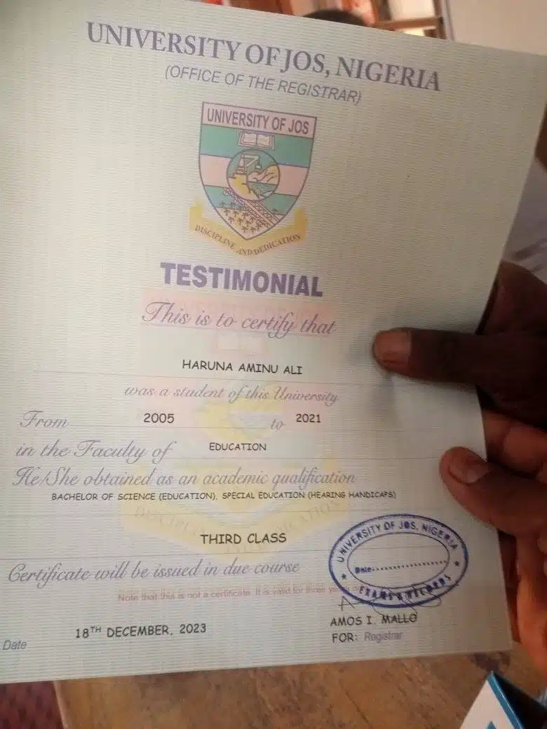 UNIJOS oldest student finally graduates, receives certificate