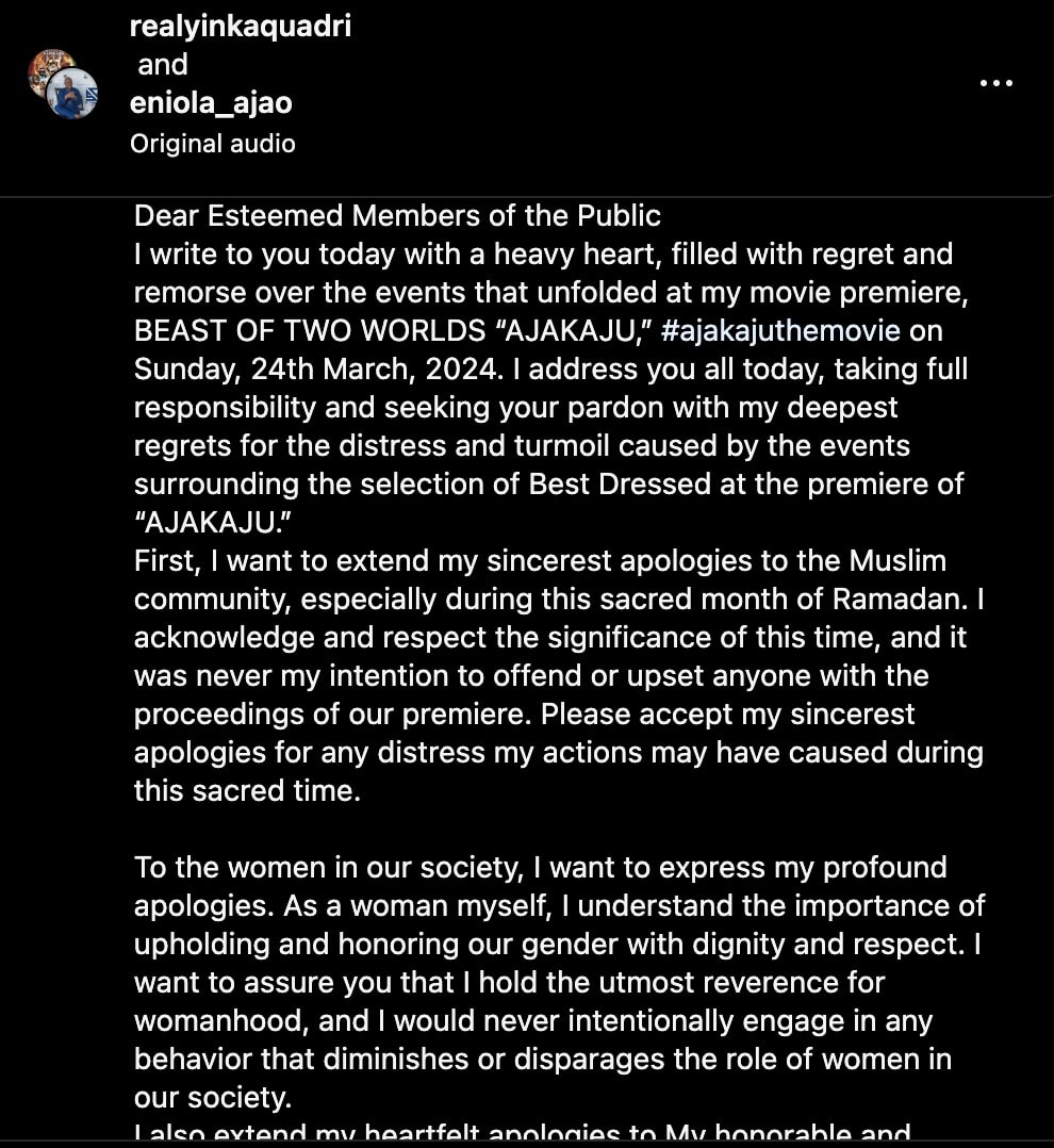 Eniola Ajao apologizes over 'Best Dressed Female' saga, offers N1M to ...