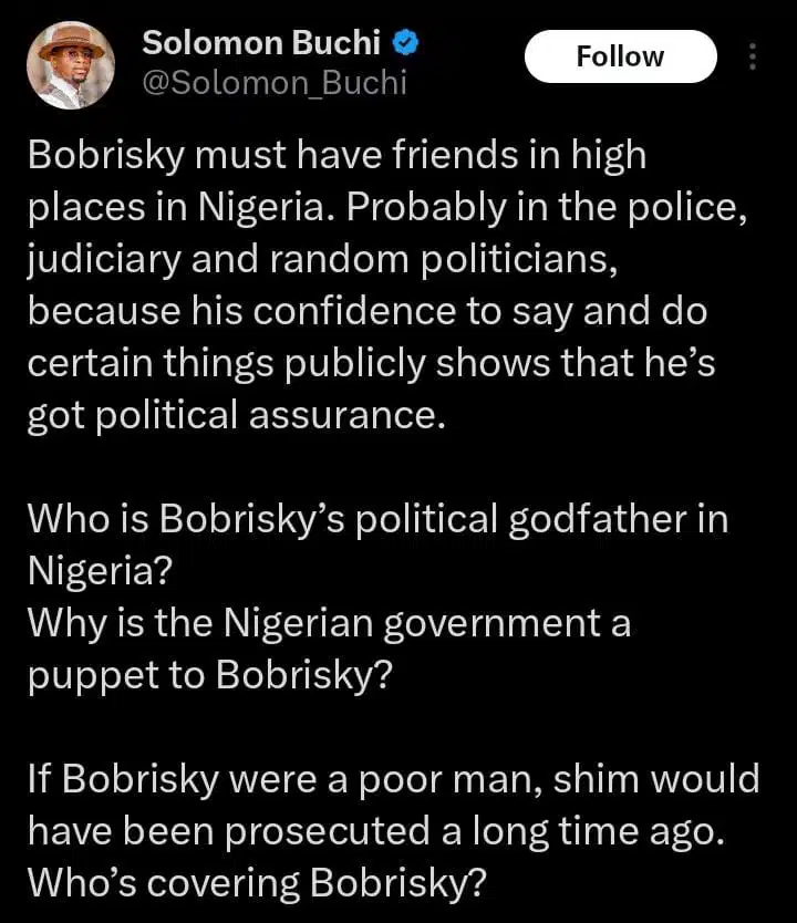 "Who is Bobrisky’s political godfather in Nigeria?" – Solomon Buchi