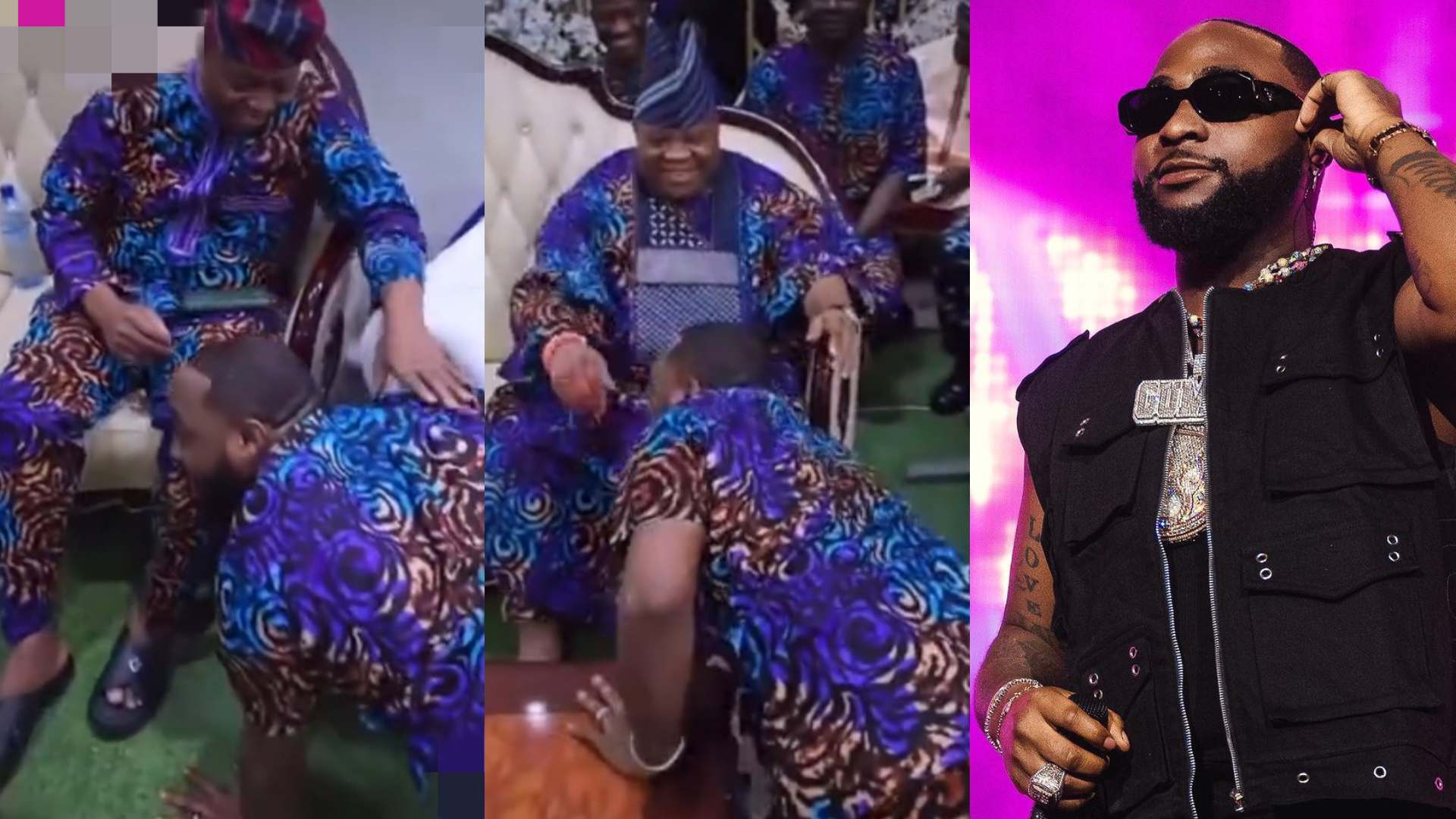 Moment Davido prostrates on the floor to greet his father, uncle