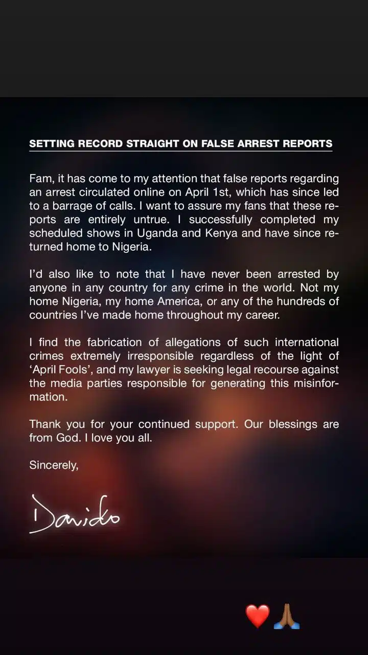 Davido refutes reports of being arrested in Kenya