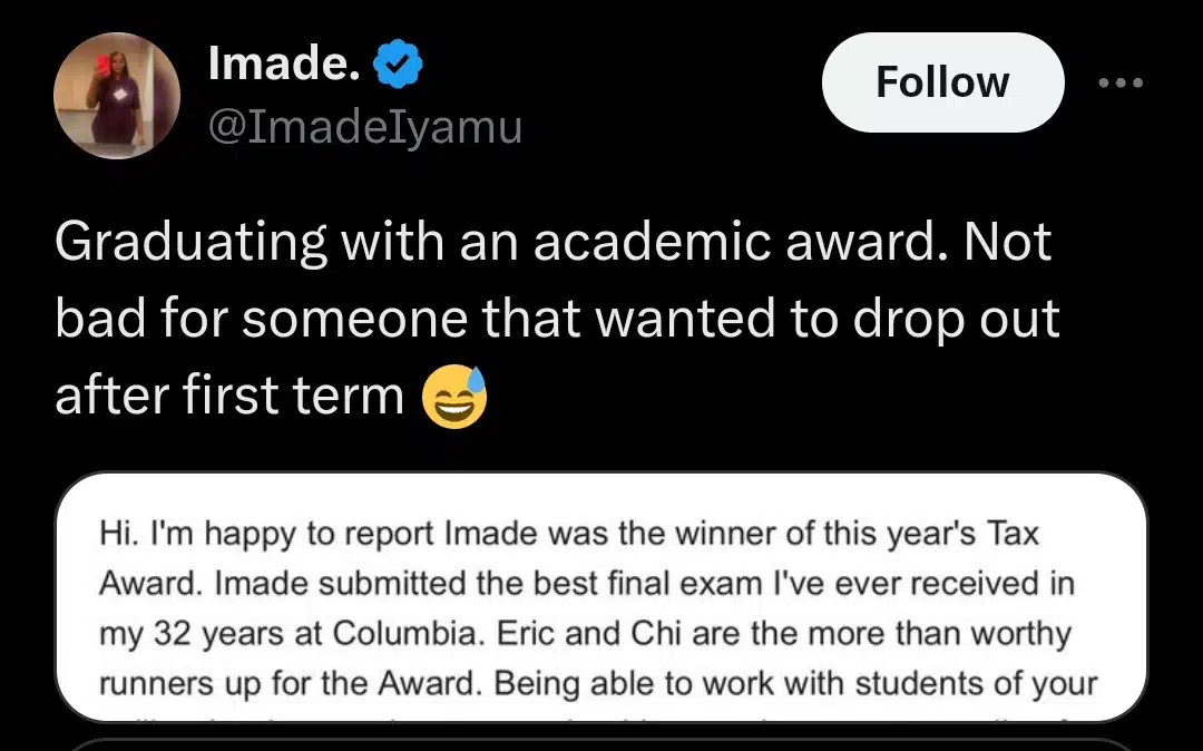 Nigerian student, Imade wins Tax Award at Columbia University