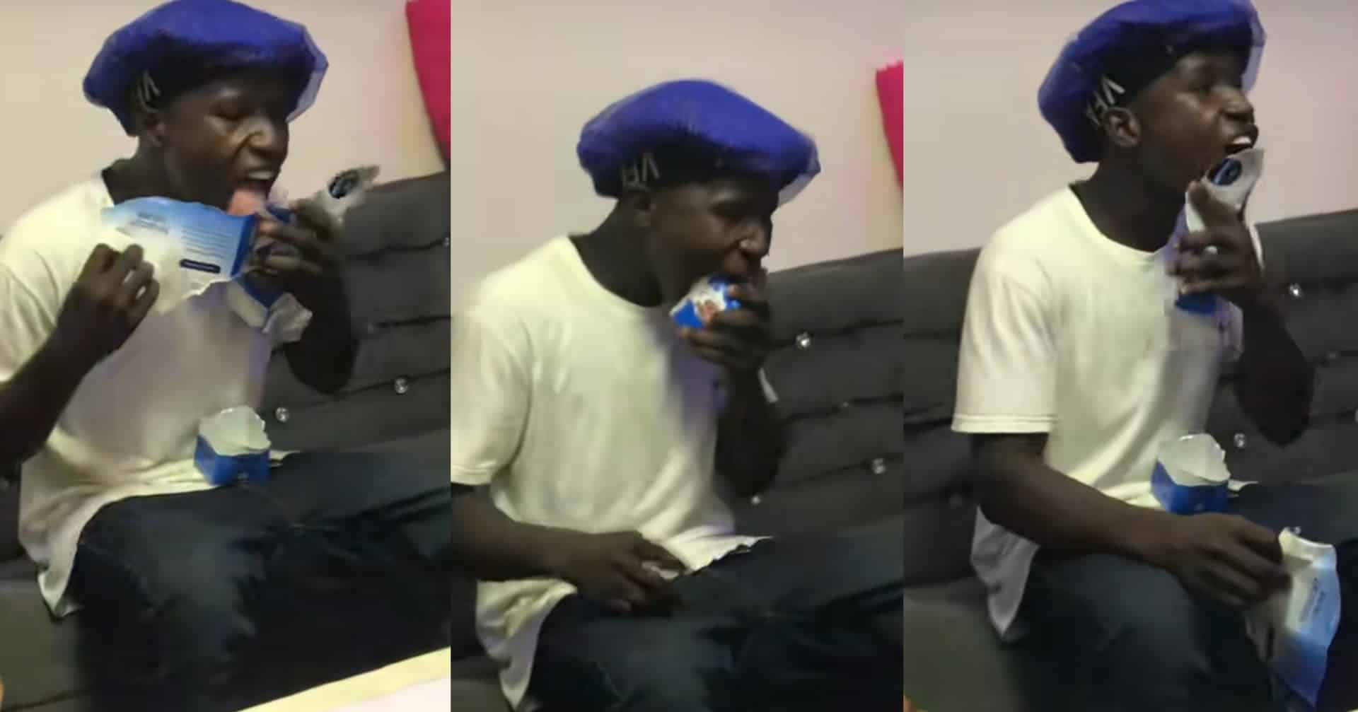 Man sparks reactions as he tears hollandia packet to lick its content