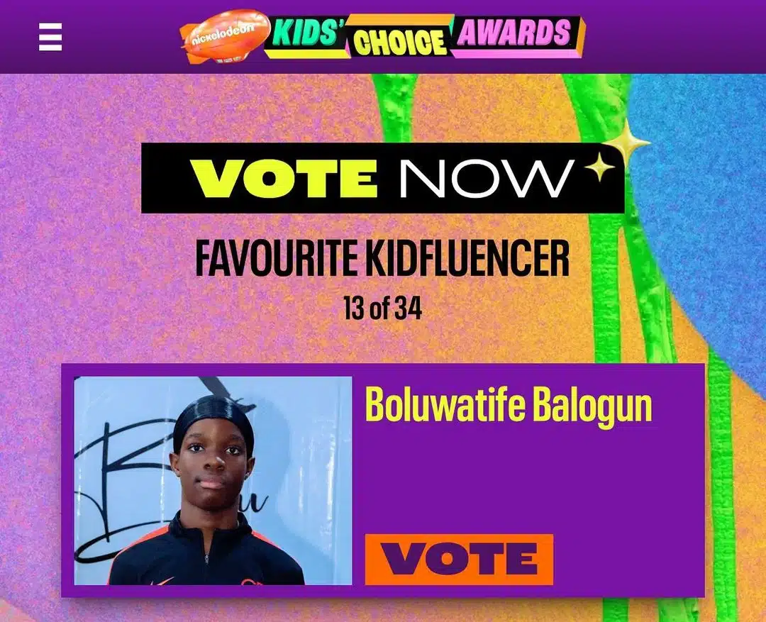 Boluwatife gets nominated for Nickelodeon Kids' Choice Award