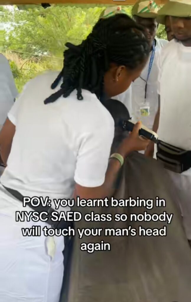 Corper wows as she shows off barbing skills during SAED
