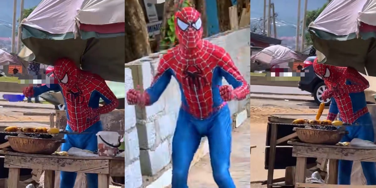 Nigerian Spider-Man sells roasted corn as his side hustle