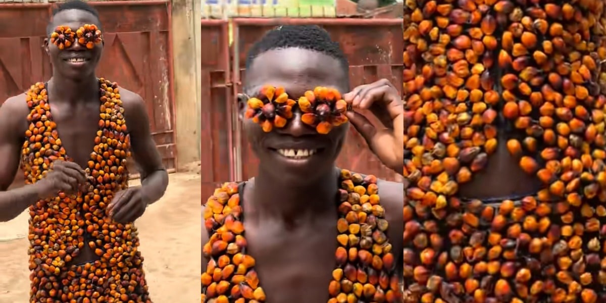 Man shows creativity, rocks palm nut jacket, boxers, and glasses