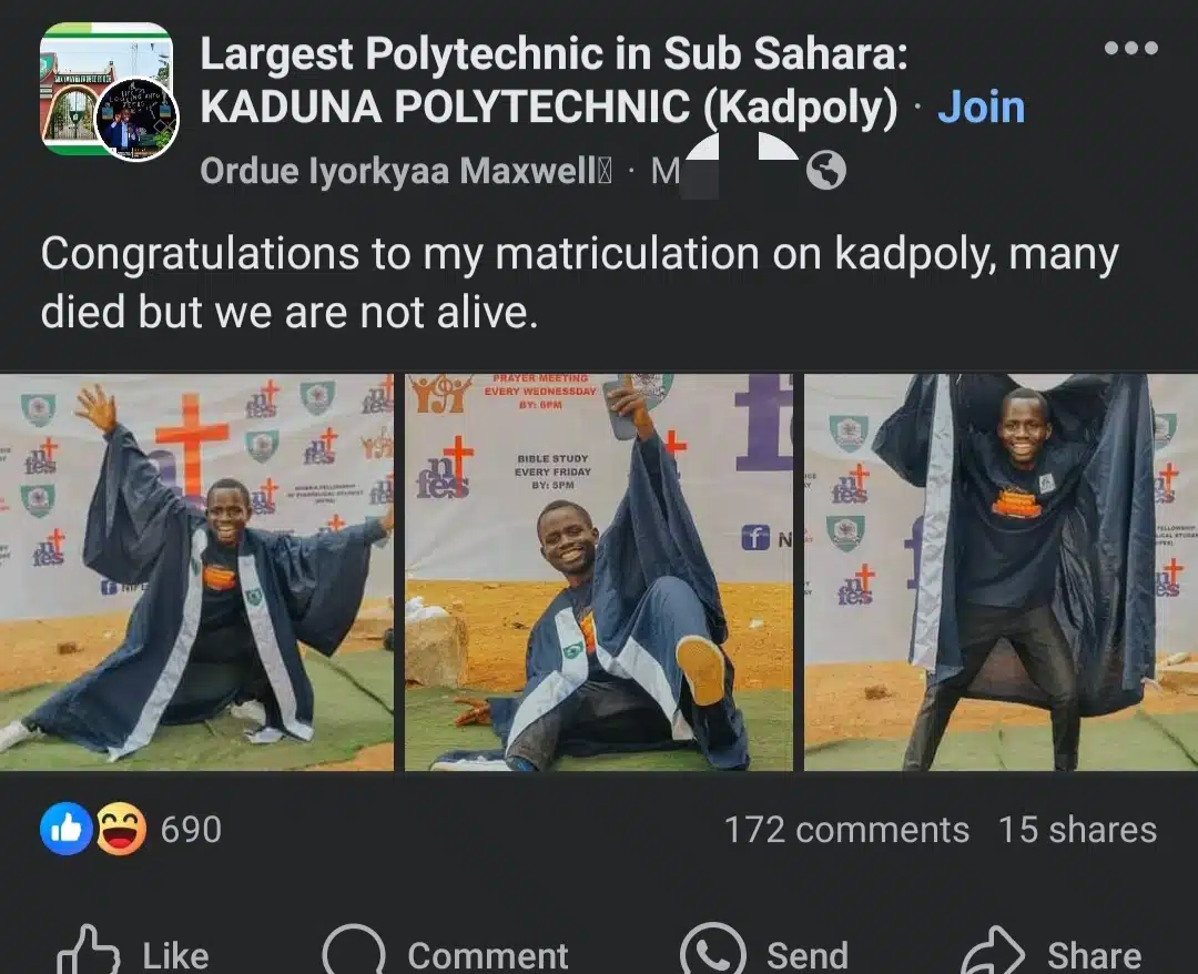 Kaduna polytechnic graduate goes viral for unusual graduation post
