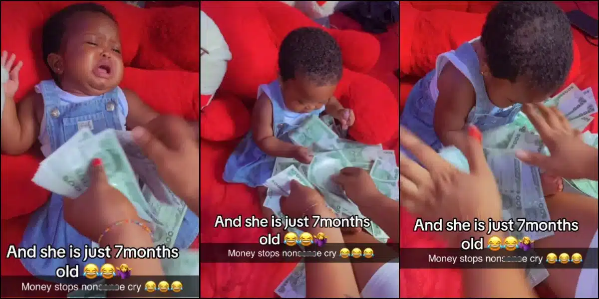 Dramatic moment baby stops crying as parent sprays her money