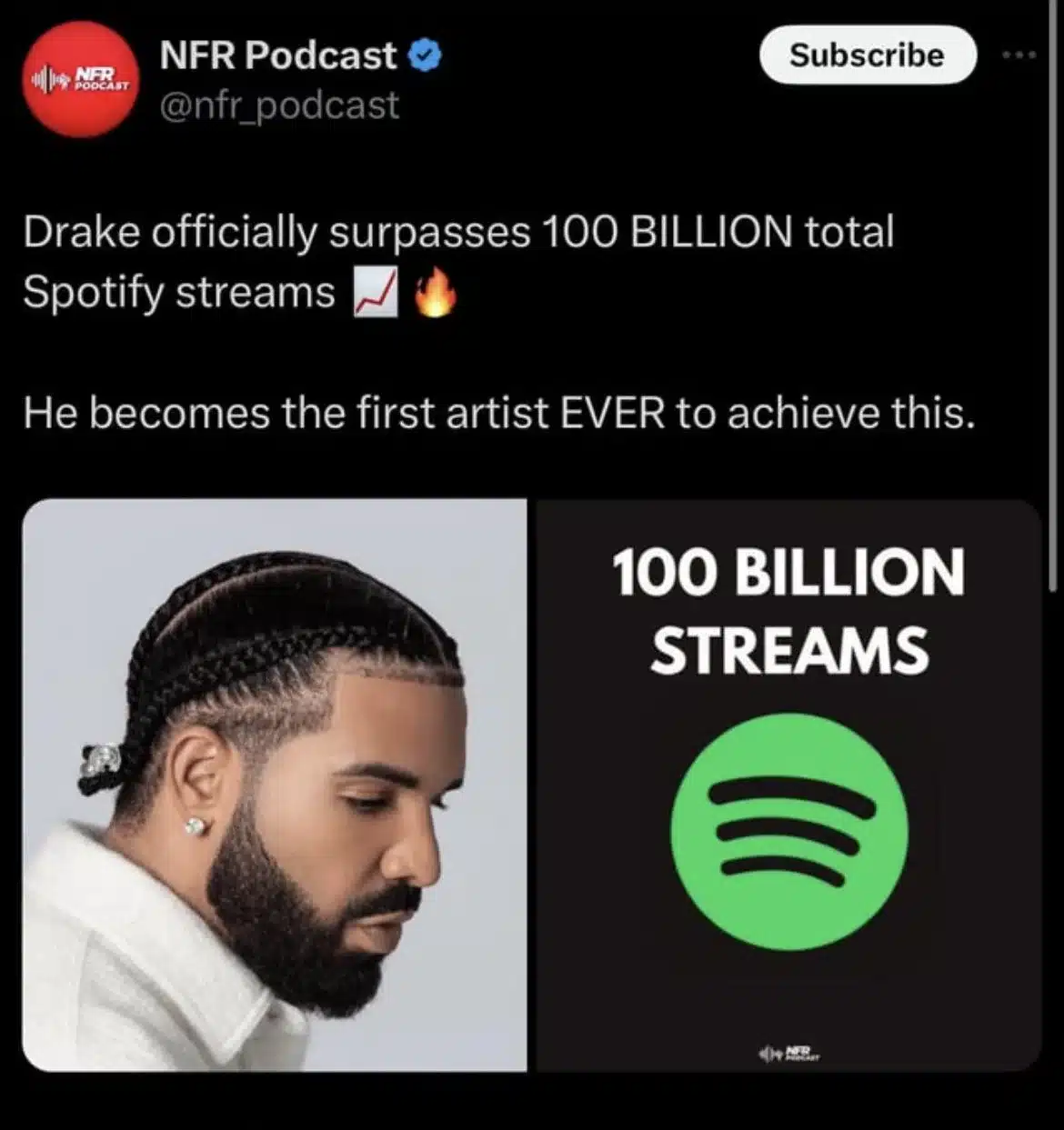 Drake becomes first artiste to hit 100 billion streams on Spotify Drake becomes first artiste to hit 100 billion streams on Spotify