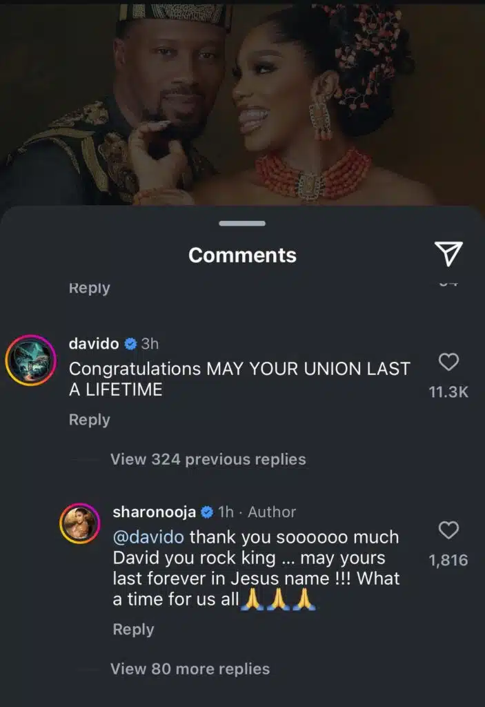 Davido congratulates Sharon Ooja on her wedding, she responds
