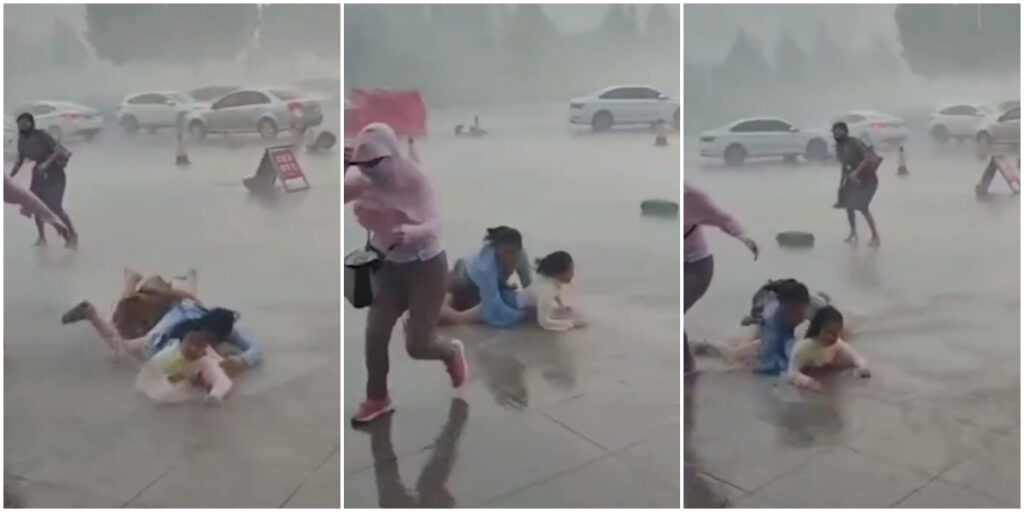 Shocking moment wind sweeps off mother and daughter