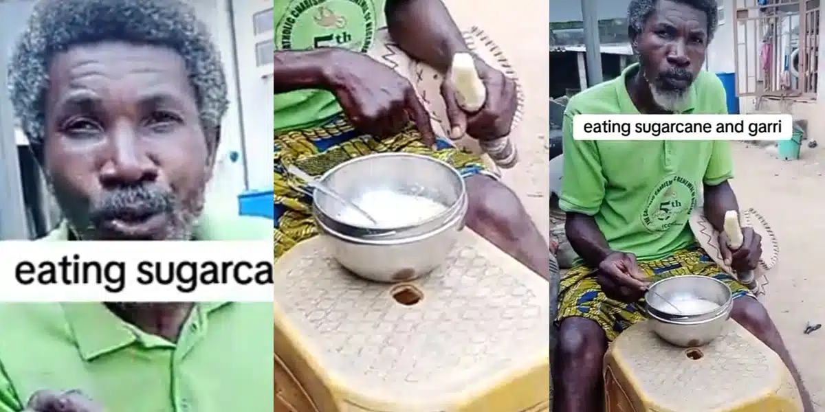 Man discovers a new food combination, Garri with sugarcane