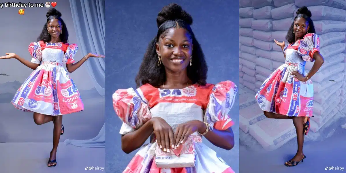 Lady celebrates birthday in dress made entirely of cement bags