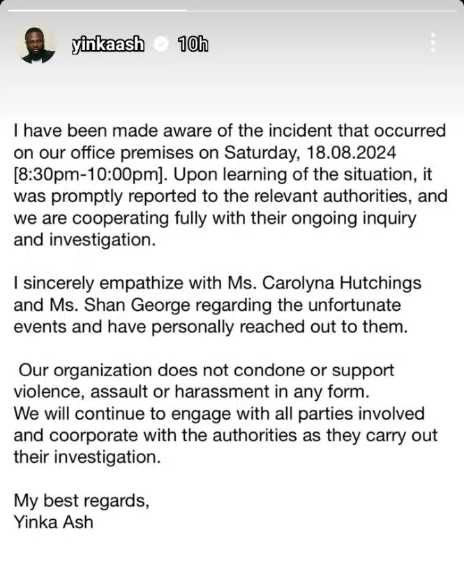 Olayinka Ashogbon reacts to incident involving Caroline Danjuma