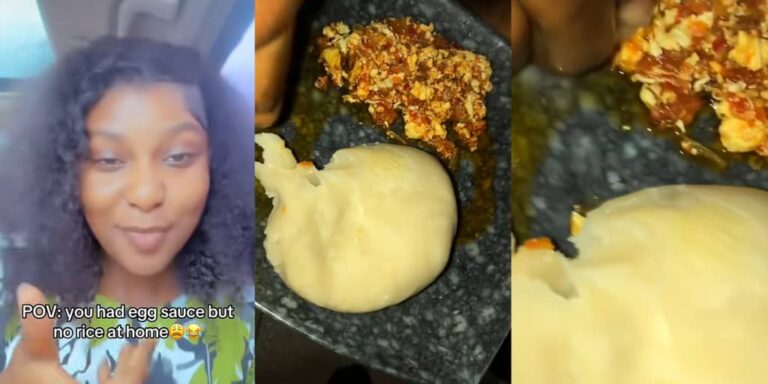 Lady eats fufu with egg sauce after running out of rice