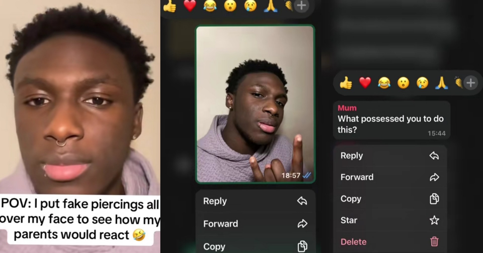 Man shares parents' reaction as he pranks them with fake piercings