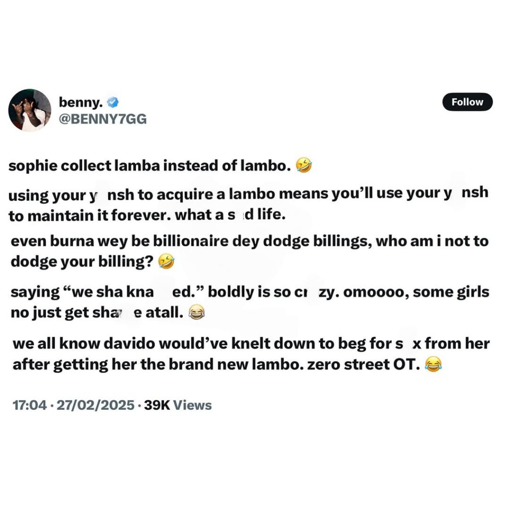 Burna Boy’s associate, Benny, shades Davido following Sophia Egbueje’s ...
