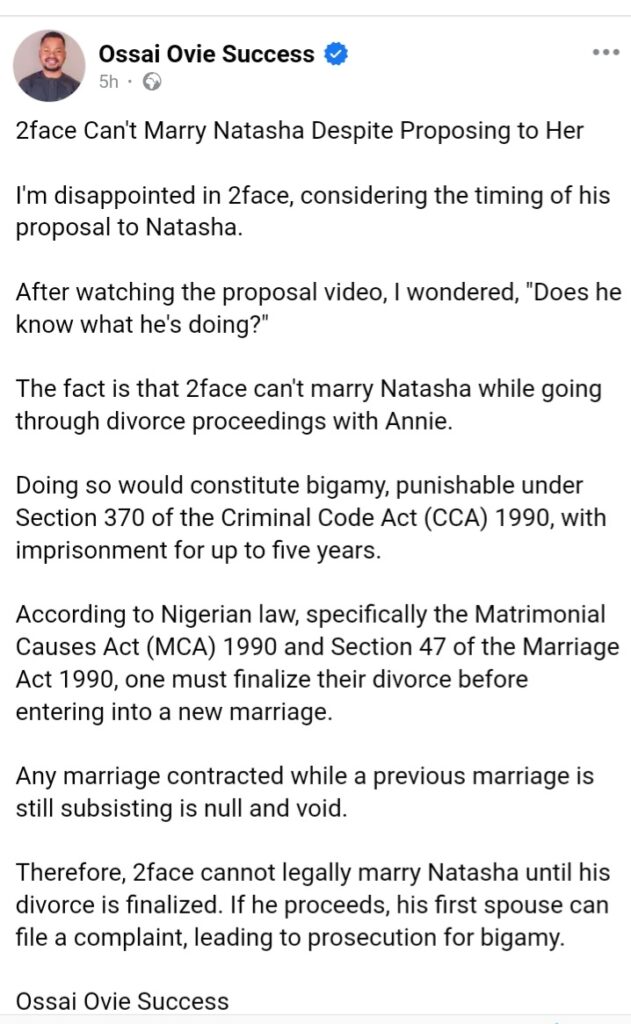 “2Face risk going to prison for five years” - Ossai Ovie Success